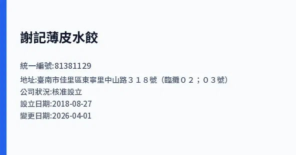 謝記薄皮水餃的照片-統編 81381129(臺南市) 公司登記資料與營業項目詳細圖表