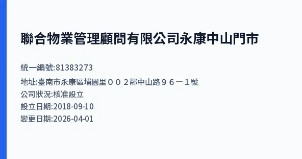 聯合物業管理顧問有限公司永康中山門市的照片-統編 81383273(臺南市) 公司登記資料與營業項目詳細圖表