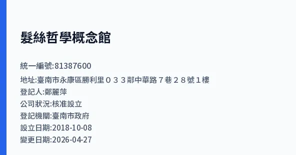 髮絲哲學概念館的照片-統編 81387600(臺南市) 公司登記資料與營業項目詳細圖表