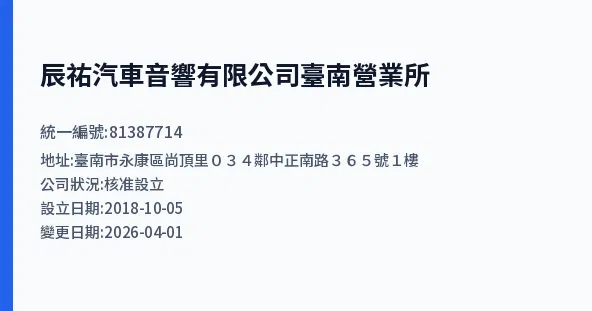 辰祐汽車音響有限公司臺南營業所的照片-統編 81387714(臺南市) 公司登記資料與營業項目詳細圖表