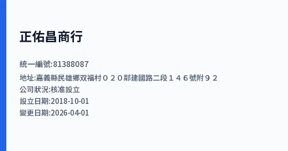正佑昌商行的照片-統編 81388087(嘉義縣) 公司登記資料與營業項目詳細圖表