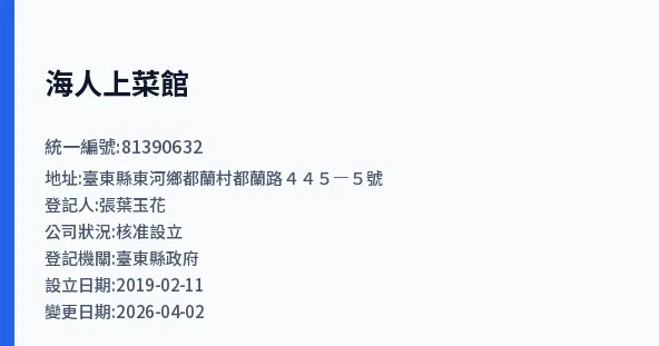 海人上菜館的照片-統編 81390632(臺東縣) 公司登記資料與營業項目詳細圖表