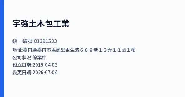 宇強土木包工業的照片-統編 81391533(臺東縣) 公司登記資料與營業項目詳細圖表