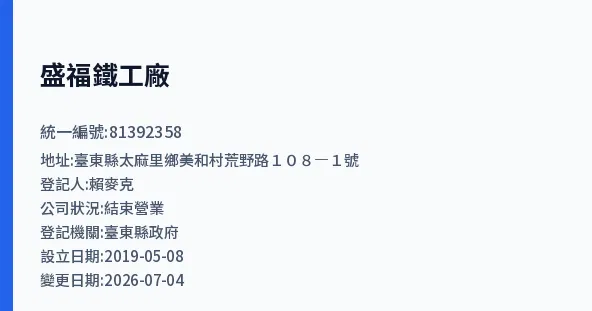 盛福鐵工廠的照片-統編 81392358(臺東縣) 公司登記資料與營業項目詳細圖表
