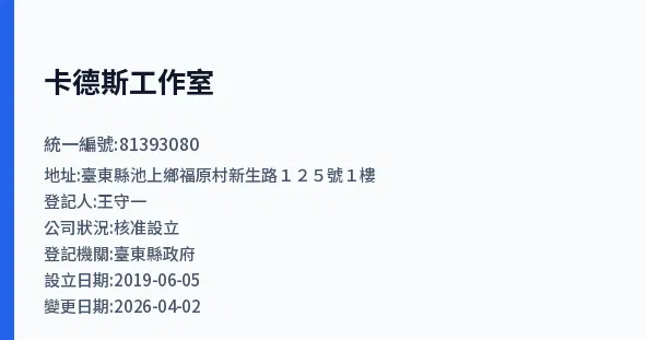 卡德斯工作室的照片-統編 81393080(臺東縣) 公司登記資料與營業項目詳細圖表