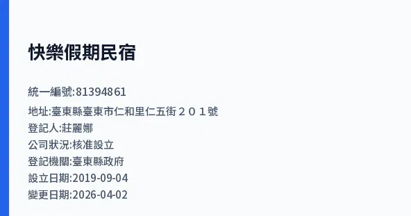 快樂假期民宿的照片-統編 81394861(臺東縣) 公司登記資料與營業項目詳細圖表