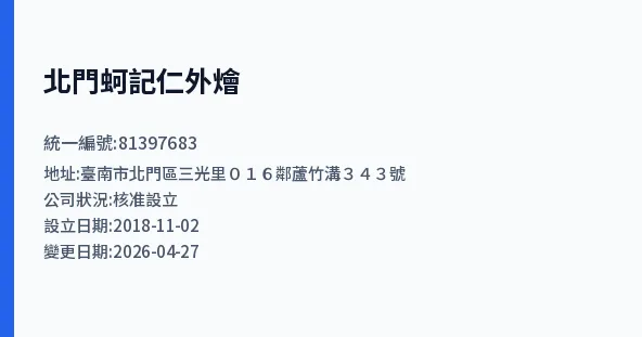 北門蚵記仁外燴的照片-統編 81397683(臺南市) 公司登記資料與營業項目詳細圖表