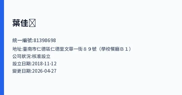 葉佳勲的照片-統編 81398698(臺南市) 公司登記資料與營業項目詳細圖表