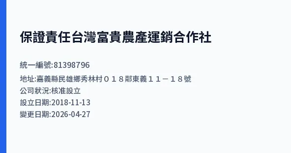 保證責任台灣富貴農產運銷合作社的照片-統編 81398796(嘉義縣) 公司登記資料與營業項目詳細圖表