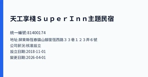 天工享棧Super Inn主題民宿的照片-統編 81400174(屏東縣) 公司登記資料與營業項目詳細圖表