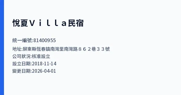 悅夏Villa民宿的照片-統編 81400955(屏東縣) 公司登記資料與營業項目詳細圖表