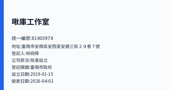 啾庫工作室的照片-統編 81403974(臺南市) 公司登記資料與營業項目詳細圖表