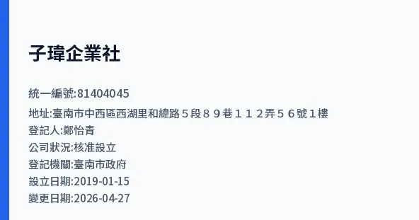 子瑋企業社的照片-統編 81404045(臺南市) 公司登記資料與營業項目詳細圖表