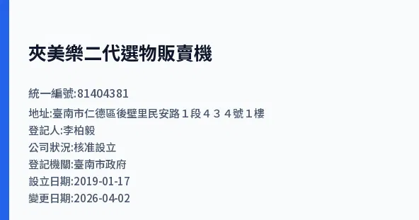 夾美樂二代選物販賣機的照片-統編 81404381(臺南市) 公司登記資料與營業項目詳細圖表