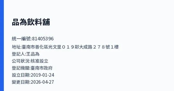 品為飲料舖的照片-統編 81405396(臺南市) 公司登記資料與營業項目詳細圖表