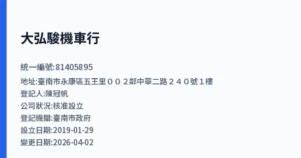 大弘駿機車行的照片-統編 81405895(臺南市) 公司登記資料與營業項目詳細圖表