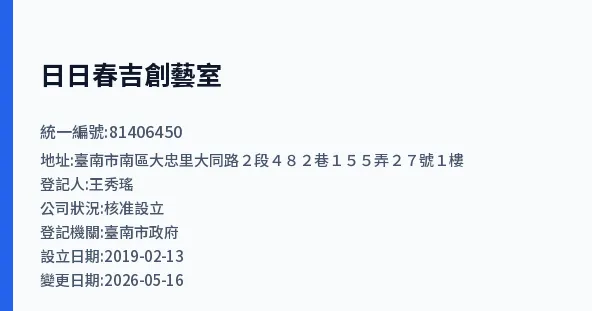 日日春吉創藝室的照片-統編 81406450(臺南市) 公司登記資料與營業項目詳細圖表