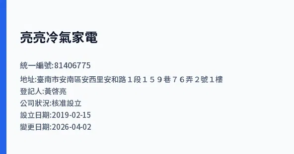 亮亮冷氣家電的照片-統編 81406775(臺南市) 公司登記資料與營業項目詳細圖表