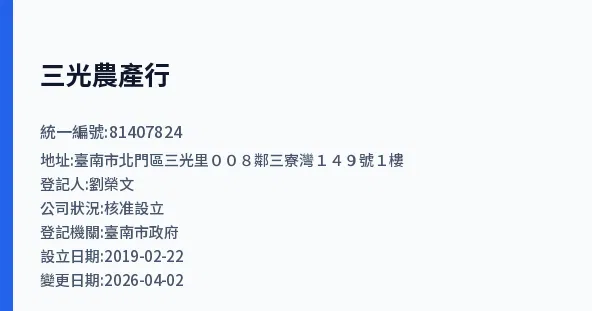三光農產行的照片-統編 81407824(臺南市) 公司登記資料與營業項目詳細圖表