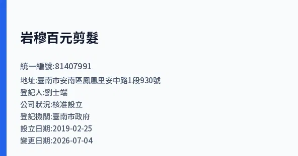 岩穆百元剪髮的照片-統編 81407991(臺南市) 公司登記資料與營業項目詳細圖表