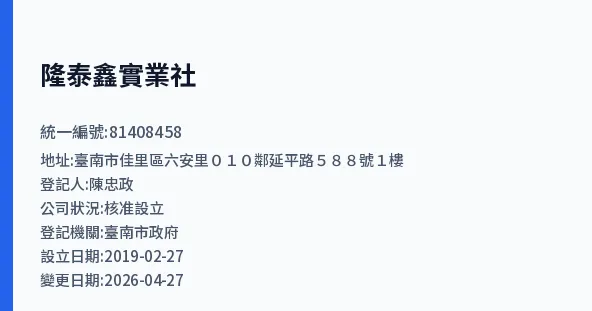 隆泰鑫實業社的照片-統編 81408458(臺南市) 公司登記資料與營業項目詳細圖表