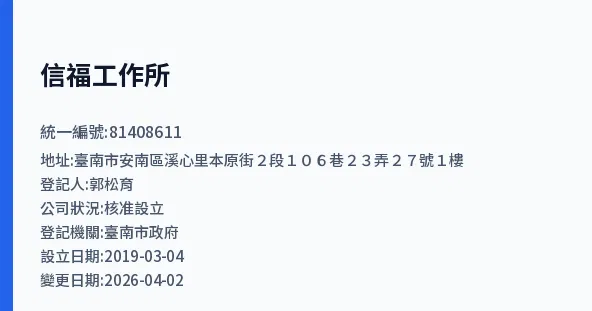 信福工作所的照片-統編 81408611(臺南市) 公司登記資料與營業項目詳細圖表