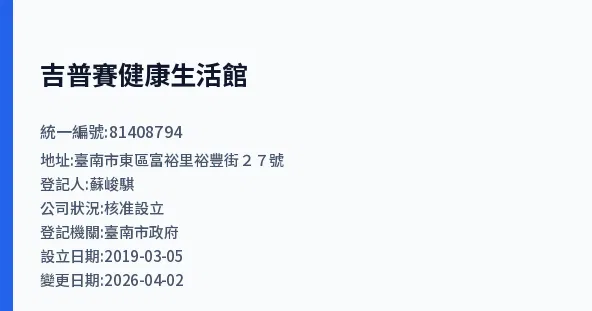 吉普賽健康生活館的照片-統編 81408794(臺南市) 公司登記資料與營業項目詳細圖表