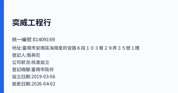奕威工程行的照片-統編 81409169(臺南市) 公司登記資料與營業項目詳細圖表
