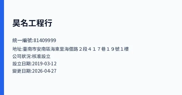 昊名工程行的照片-統編 81409999(臺南市) 公司登記資料與營業項目詳細圖表