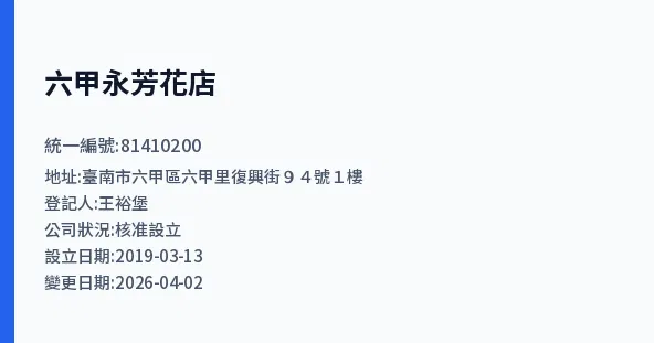 六甲永芳花店的照片-統編 81410200(臺南市) 公司登記資料與營業項目詳細圖表