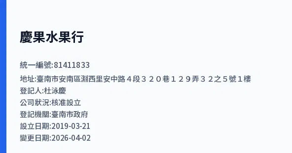慶果水果行的照片-統編 81411833(臺南市) 公司登記資料與營業項目詳細圖表