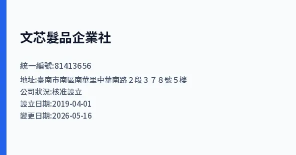文芯髮品企業社的照片-統編 81413656(臺南市) 公司登記資料與營業項目詳細圖表