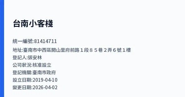 台南小客棧的照片-統編 81414711(臺南市) 公司登記資料與營業項目詳細圖表