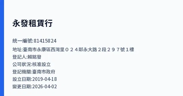 永發租賃行的照片-統編 81415824(臺南市) 公司登記資料與營業項目詳細圖表