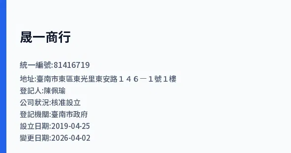 晟一商行的照片-統編 81416719(臺南市) 公司登記資料與營業項目詳細圖表
