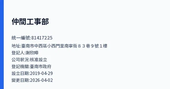 仲間工事部的照片-統編 81417225(臺南市) 公司登記資料與營業項目詳細圖表