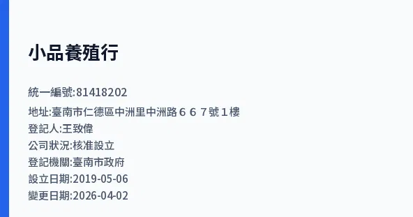小品養殖行的照片-統編 81418202(臺南市) 公司登記資料與營業項目詳細圖表
