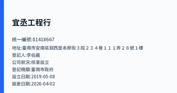 宜丞工程行的照片-統編 81418667(臺南市) 公司登記資料與營業項目詳細圖表