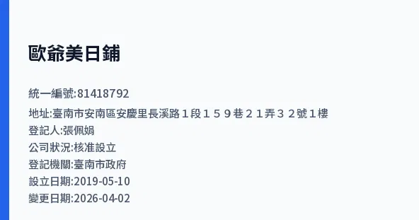 歐爺美日鋪的照片-統編 81418792(臺南市) 公司登記資料與營業項目詳細圖表