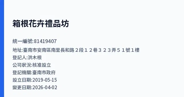 箱根花卉禮品坊的照片-統編 81419407(臺南市) 公司登記資料與營業項目詳細圖表