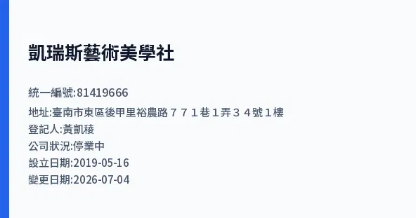凱瑞斯藝術美學社的照片-統編 81419666(臺南市) 公司登記資料與營業項目詳細圖表