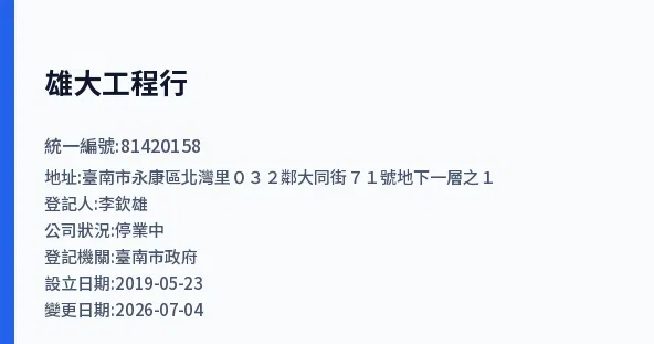 雄大工程行的照片-統編 81420158(臺南市) 公司登記資料與營業項目詳細圖表