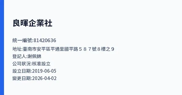 良暉企業社的照片-統編 81420636(臺南市) 公司登記資料與營業項目詳細圖表