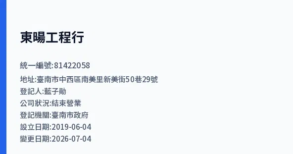 東暘工程行的照片-統編 81422058(臺南市) 公司登記資料與營業項目詳細圖表