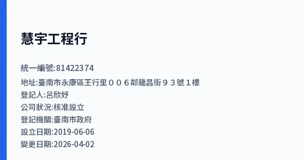 慧宇工程行的照片-統編 81422374(臺南市) 公司登記資料與營業項目詳細圖表