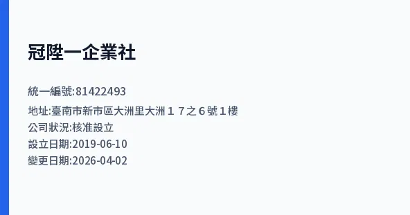 冠陞一企業社的照片-統編 81422493(臺南市) 公司登記資料與營業項目詳細圖表