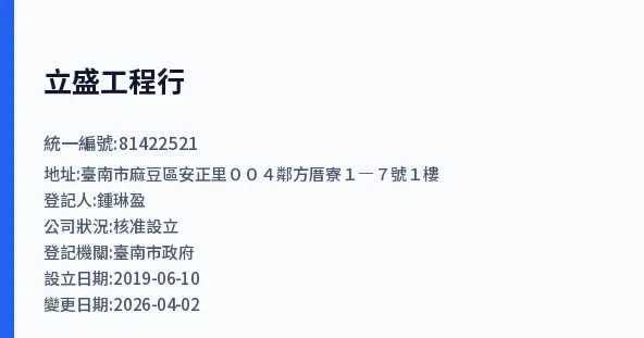 立盛工程行的照片-統編 81422521(臺南市) 公司登記資料與營業項目詳細圖表