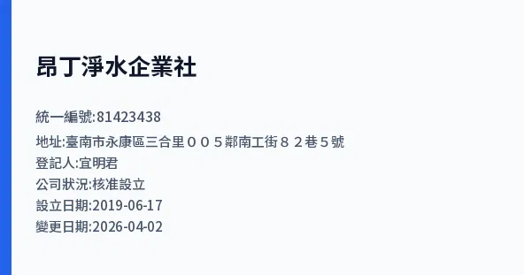昂丁淨水企業社的照片-統編 81423438(臺南市) 公司登記資料與營業項目詳細圖表