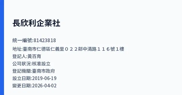 長欣利企業社的照片-統編 81423818(臺南市) 公司登記資料與營業項目詳細圖表