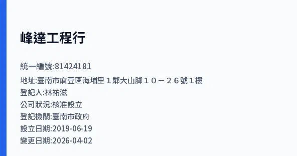 峰達工程行的照片-統編 81424181(臺南市) 公司登記資料與營業項目詳細圖表